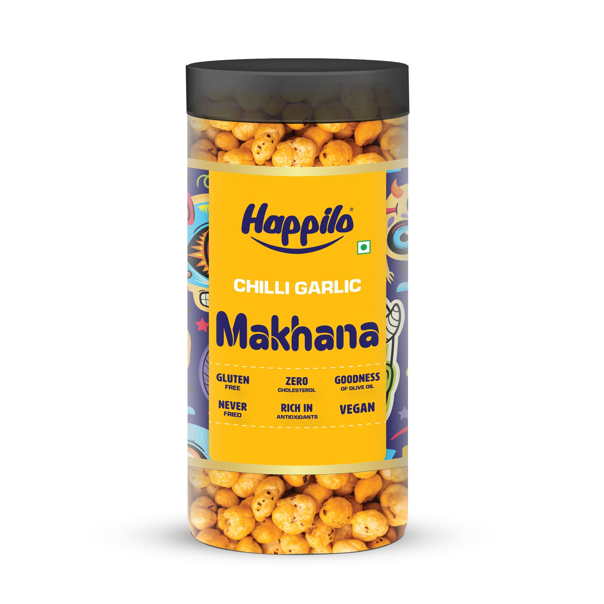Happilo Makhana Chilli Garlic Jar 80g, Roasted Foxnut Healthy Snack Lo