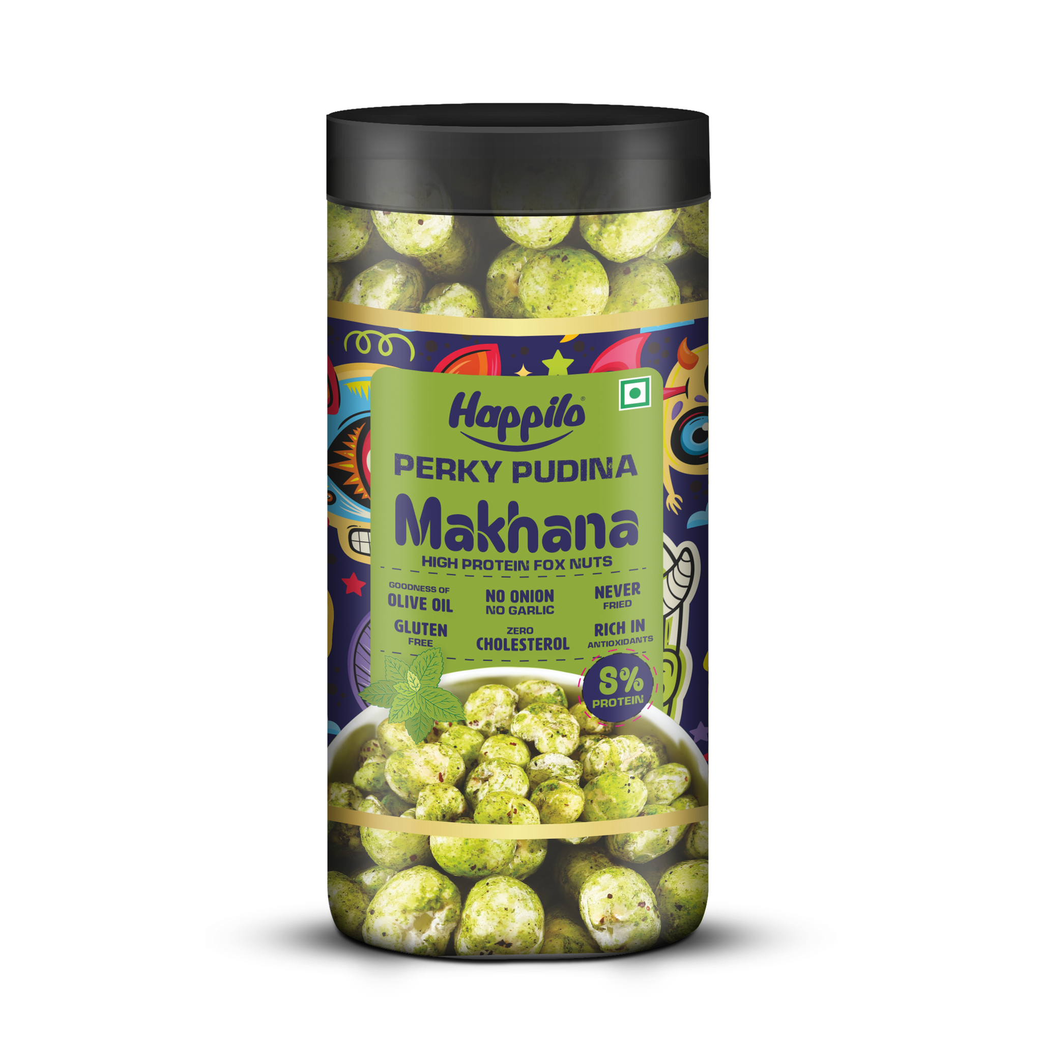 Happilo Makhana Perky Pudina Jar 80g, Roasted Foxnut Healthy Snack Low