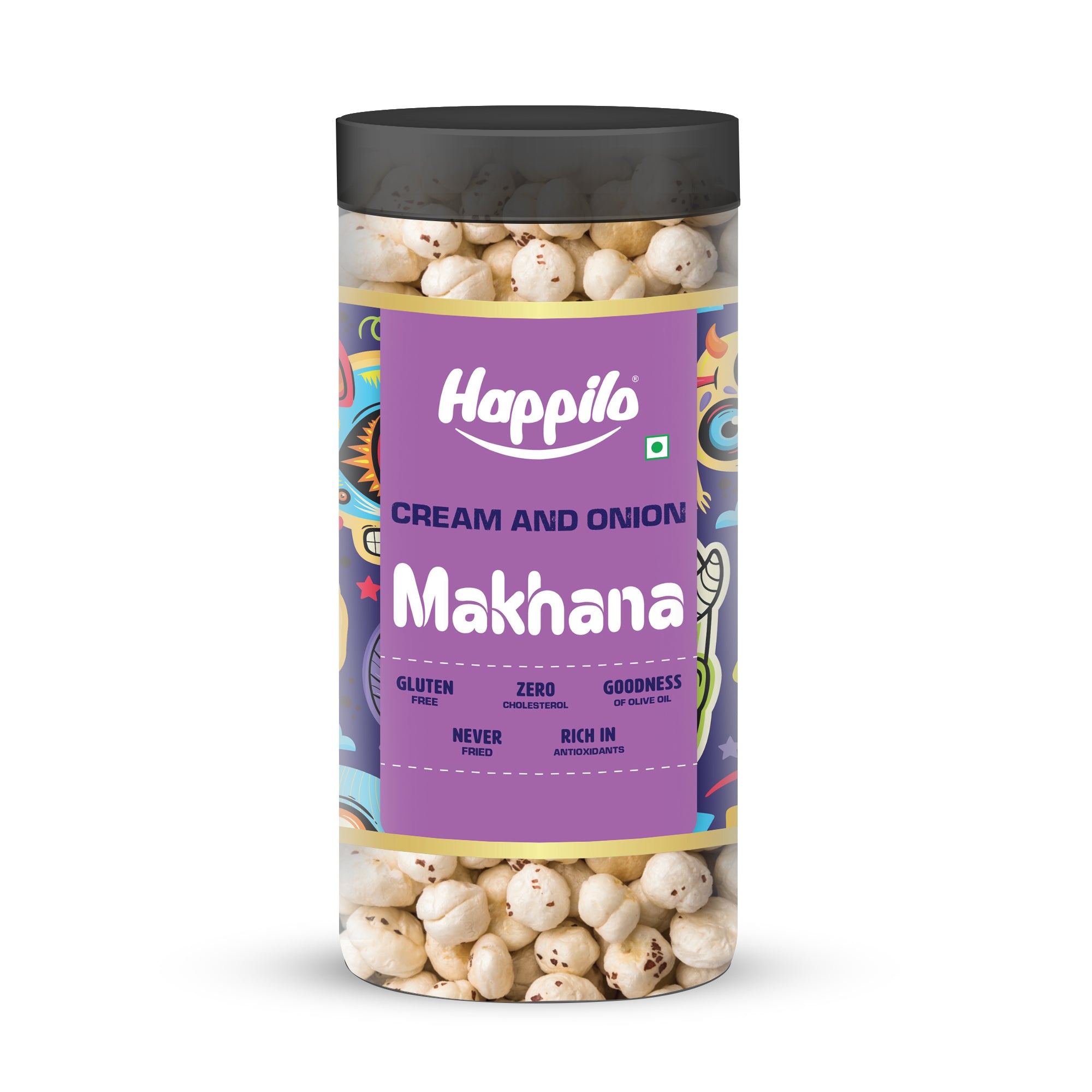 Happilo Makhana Cream & Onion Jar 80g, Roasted Foxnut Healthy Snack Lo