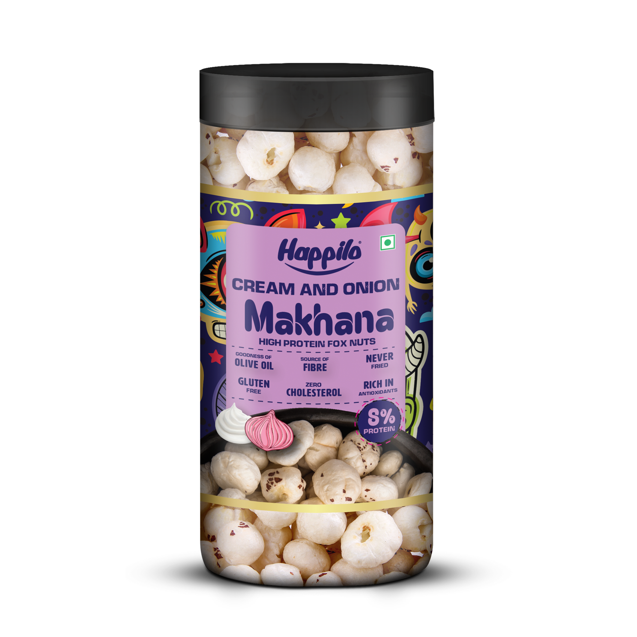 Happilo Makhana Cream & Onion Jar 80g, Roasted Foxnut Healthy Snack Lo