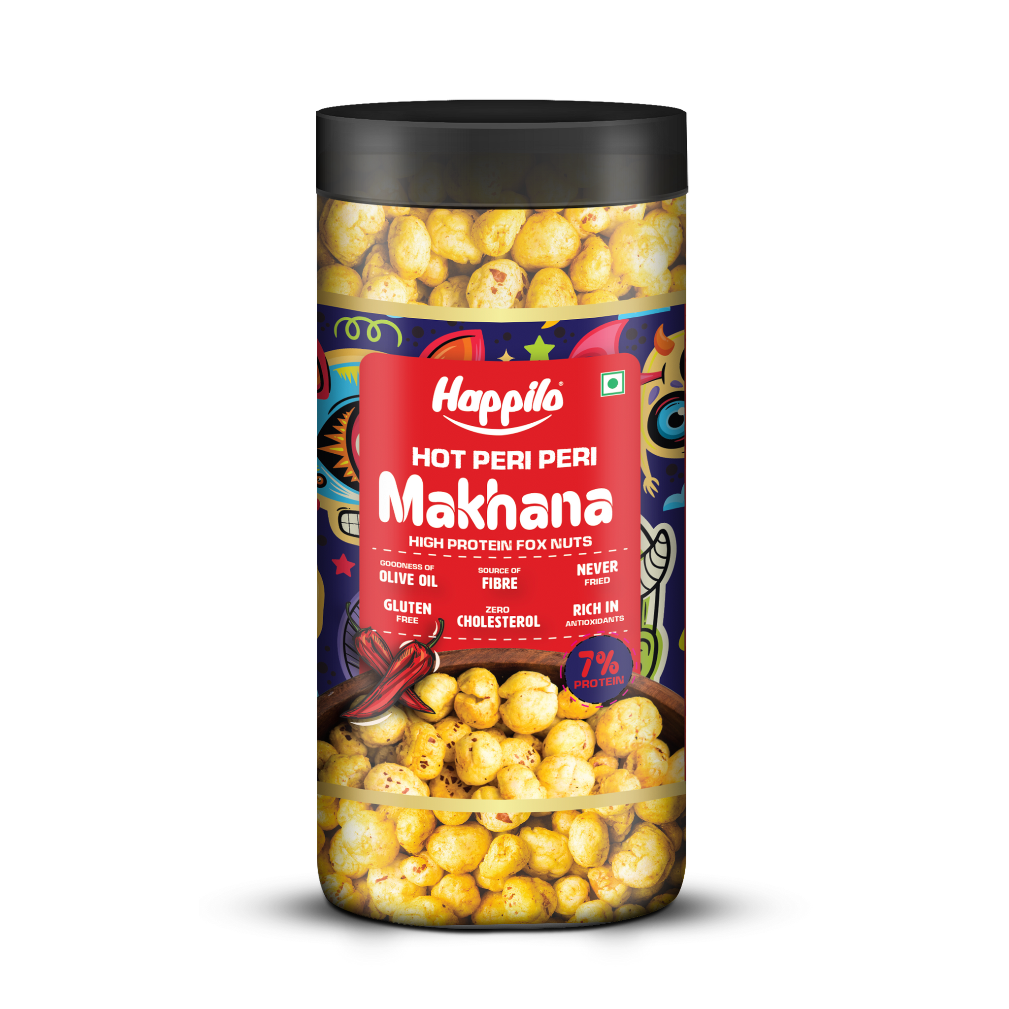 Happilo Makhana Superhot Peri Peri Jar 80g, Roasted Foxnut Healthy Sna