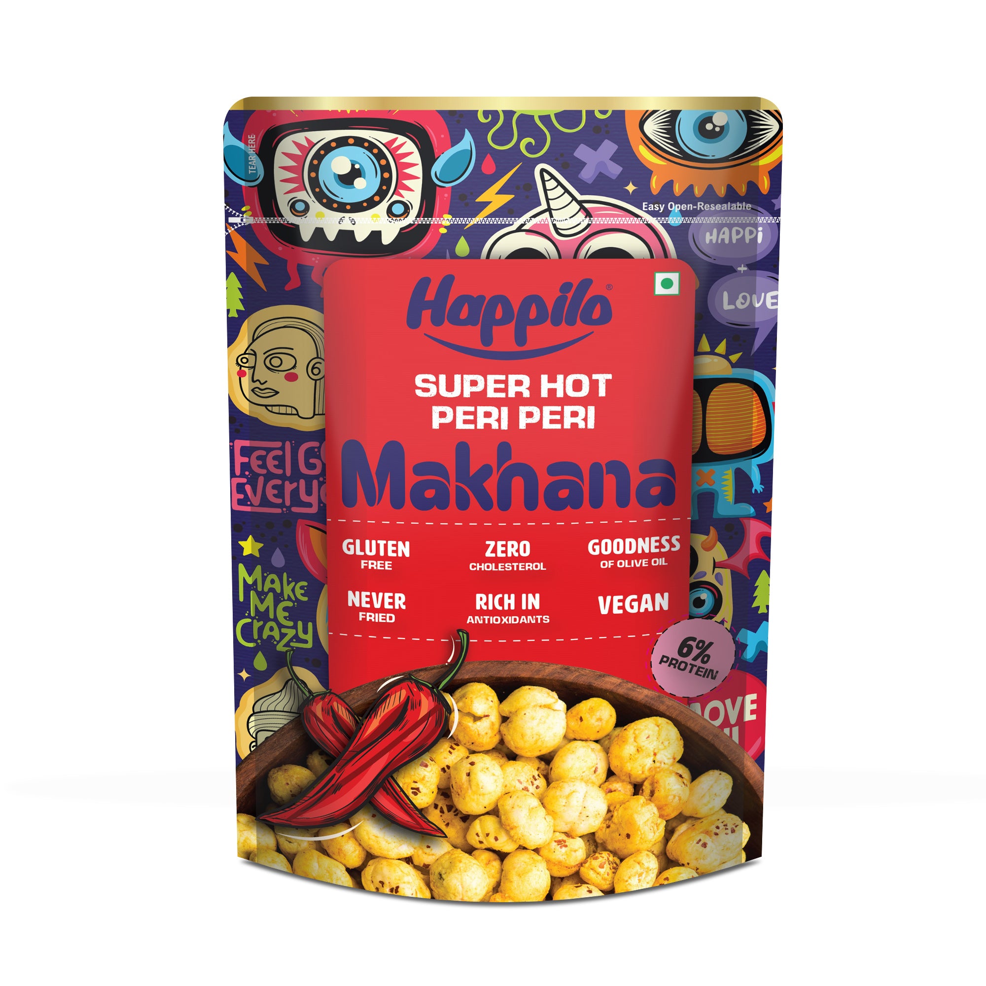 Happilo Premium Super Snack Makhana Peri Peri 55g, Roasted Foxnut Heal